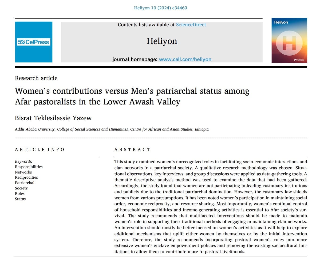 Women’s contributions versus Men’s patriarchal status among Afar ...